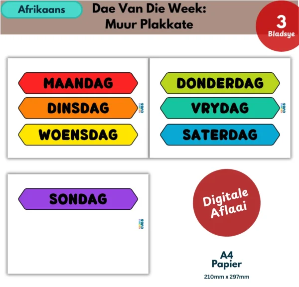 Afrikaans Days of the Week Wall Posters 4 – Curious Cubs