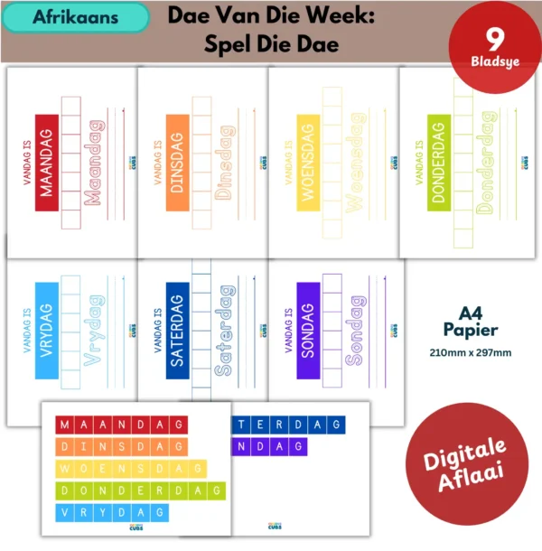 Afrikaans Days of the Week Spelling Worksheets – Curious Cubs